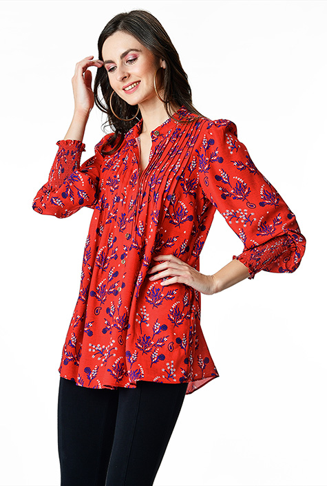 Shop Pintuck pleat floral print crepe tunic | eShakti
