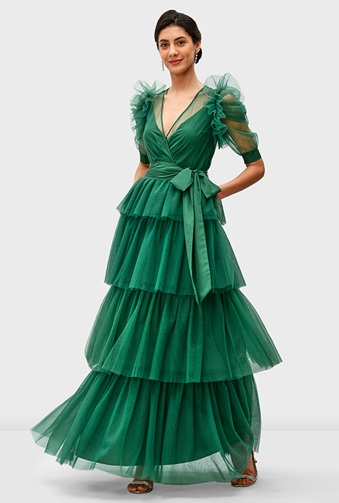 Shop Ruffle tier illusion mesh maxi dress | eShakti