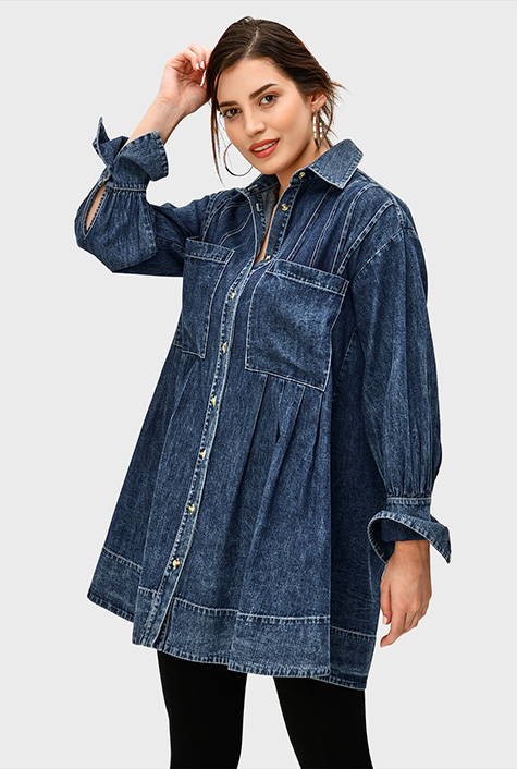 Shop Pleated cotton denim tunic shirt | eShakti