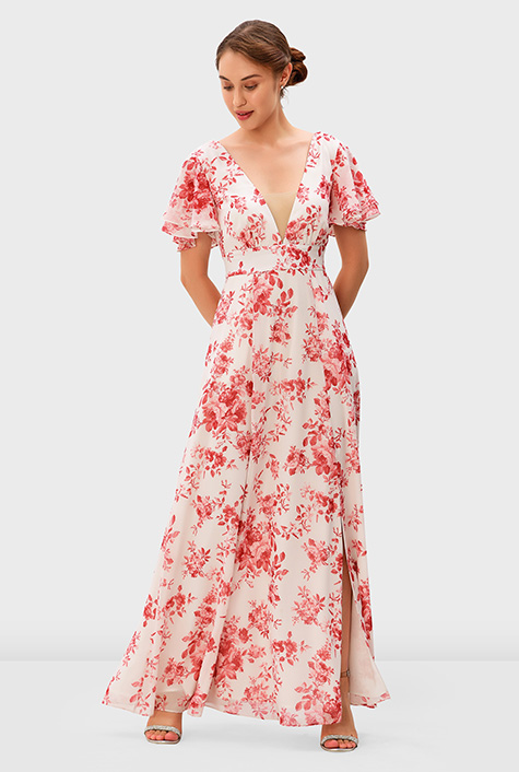 Shop Flutter sleeve floral print georgette vented dress | eShakti