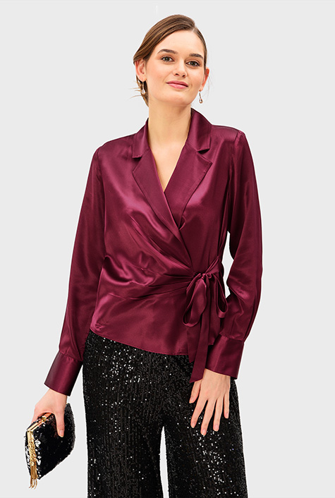 Shop Pleat front silk satin wrap top | eShakti