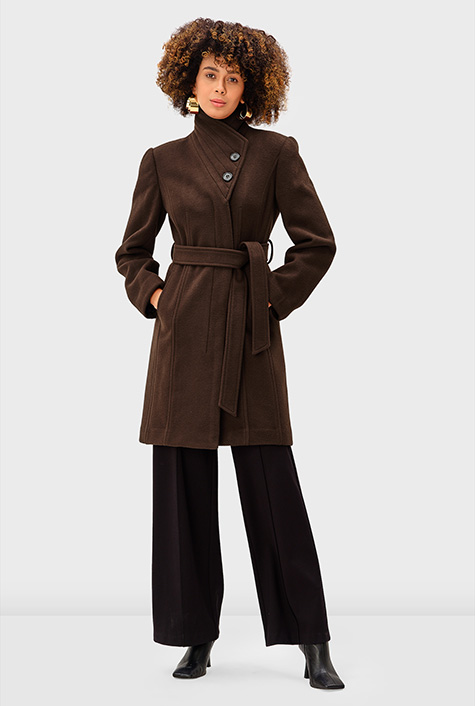 Shop Envelope collar melton-look wool blend sash-tie coat | eShakti