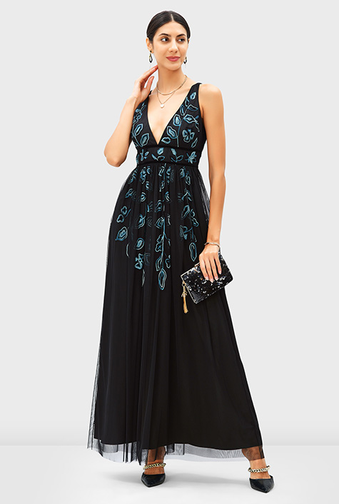 Shop Plunge floral embroidery sheer tulle dress | eShakti