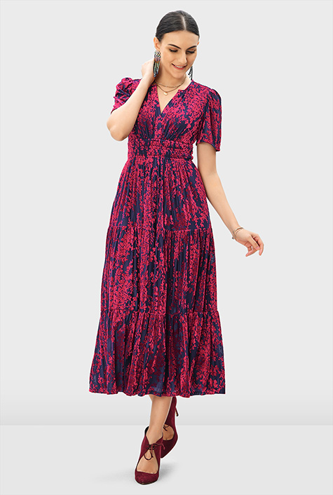 Shop Floral velvet burnout smocked waist tier dress | eShakti