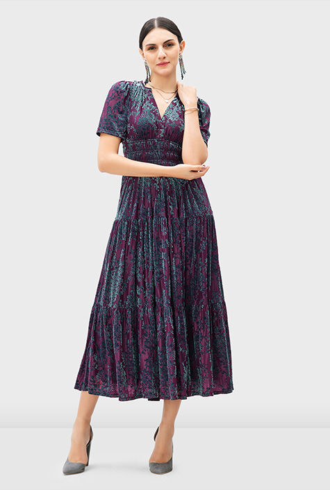 Shop Floral velvet burnout smocked waist tier dress | eShakti