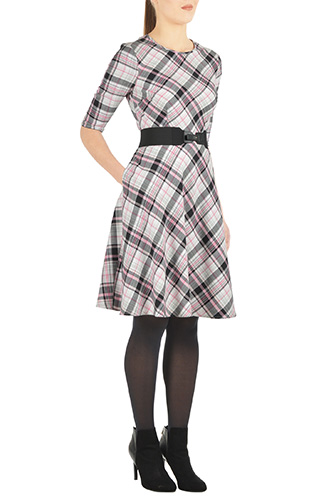 Shop Elastic belted woven check dress | eShakti