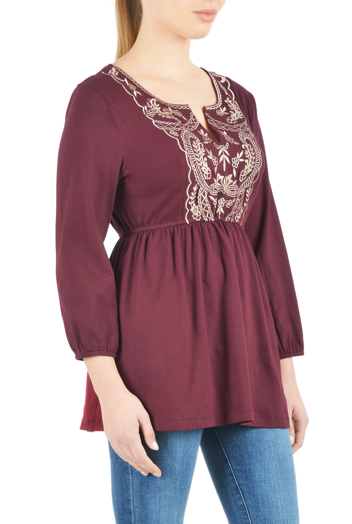 Shop Embellished bib cotton knit tunic | eShakti