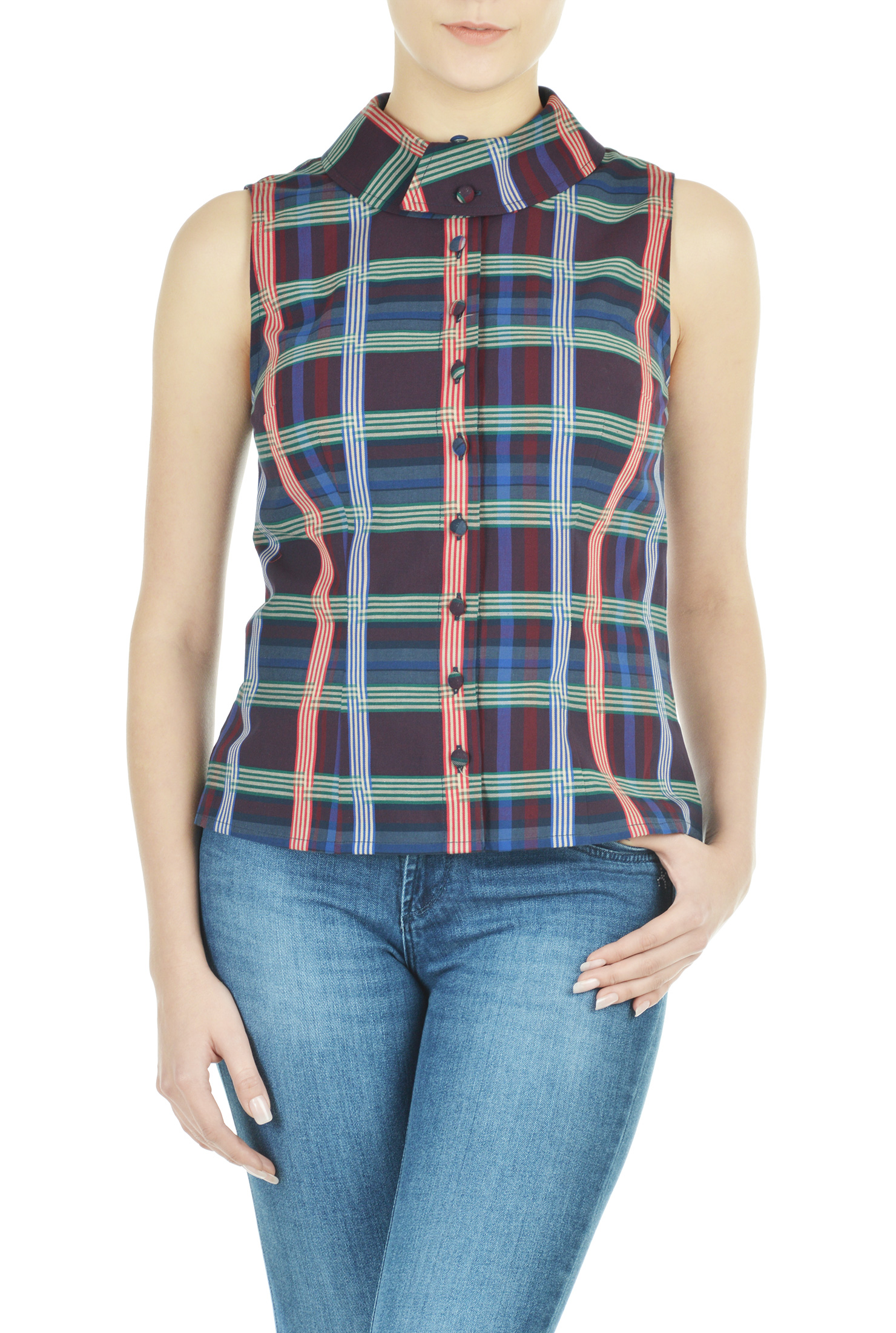 Shop Button collar woven check top | eShakti