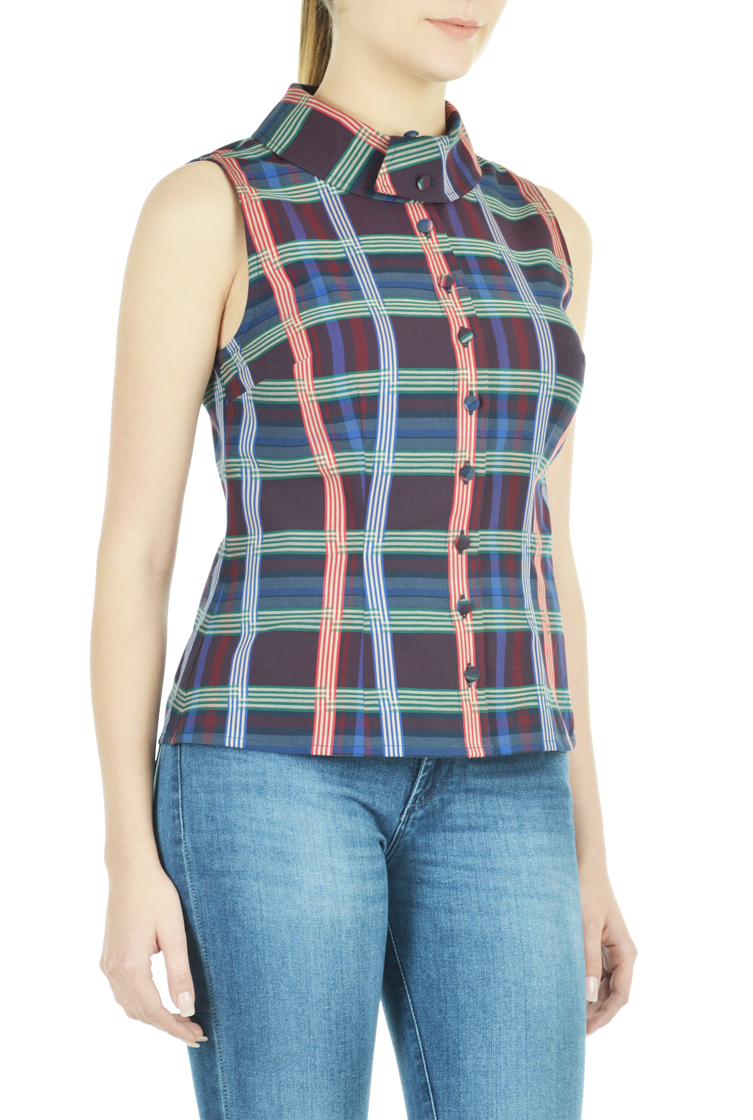 Shop Button collar woven check top | eShakti