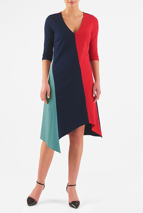 Shop Asymmetric colorblock cotton knit shift dress | eShakti