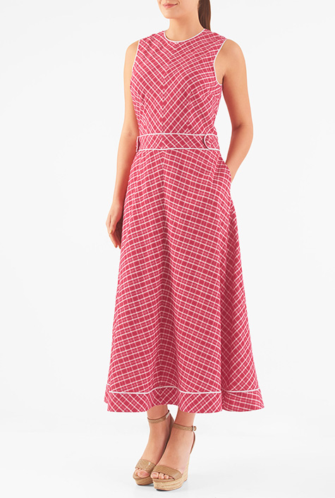 Shop Contrast trim seersucker check maxi dress | eShakti