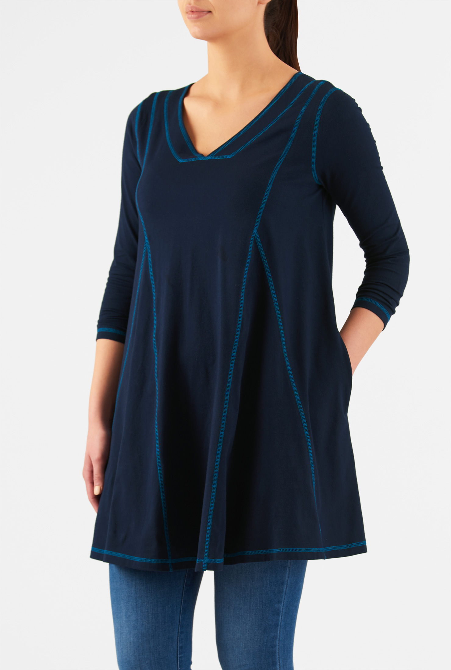 Shop Picot trim cotton knit trapeze tunic | eShakti