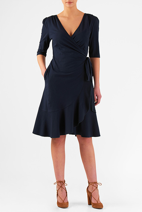Shop Ruffle cotton jersey knit wrap dress | eShakti