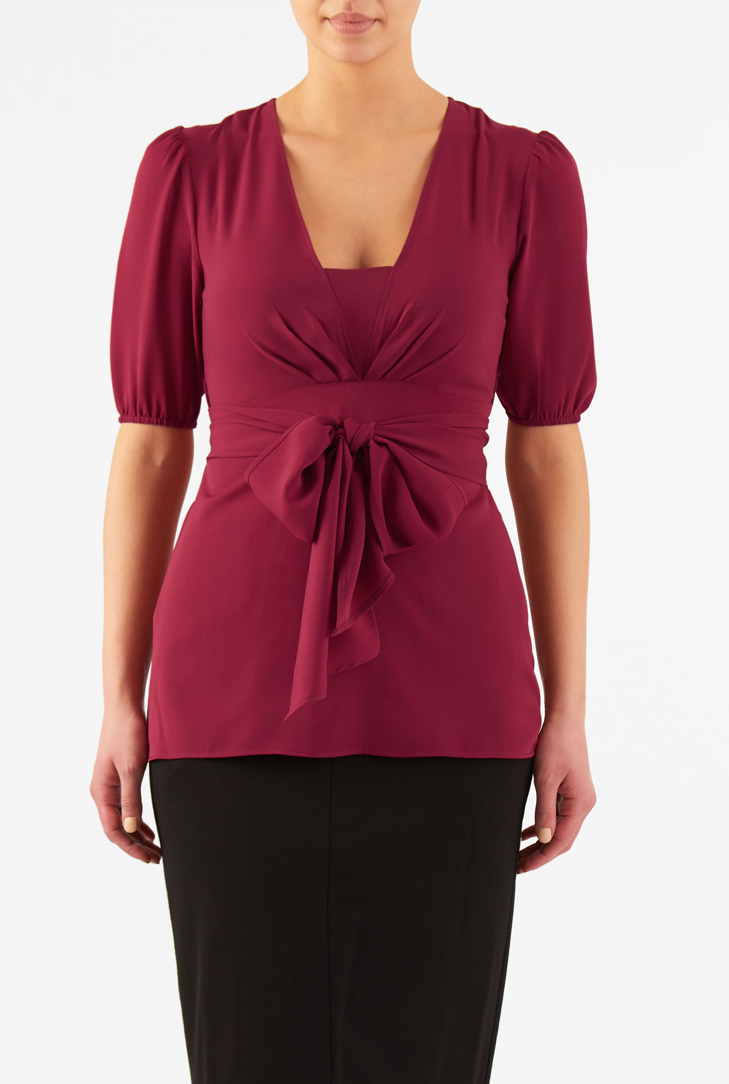 Shop Sash tie waist peplum crepe top | eShakti
