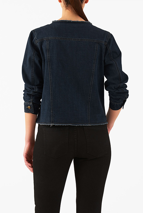 Shop Frayed-edge deep indigo cotton denim jacket | eShakti