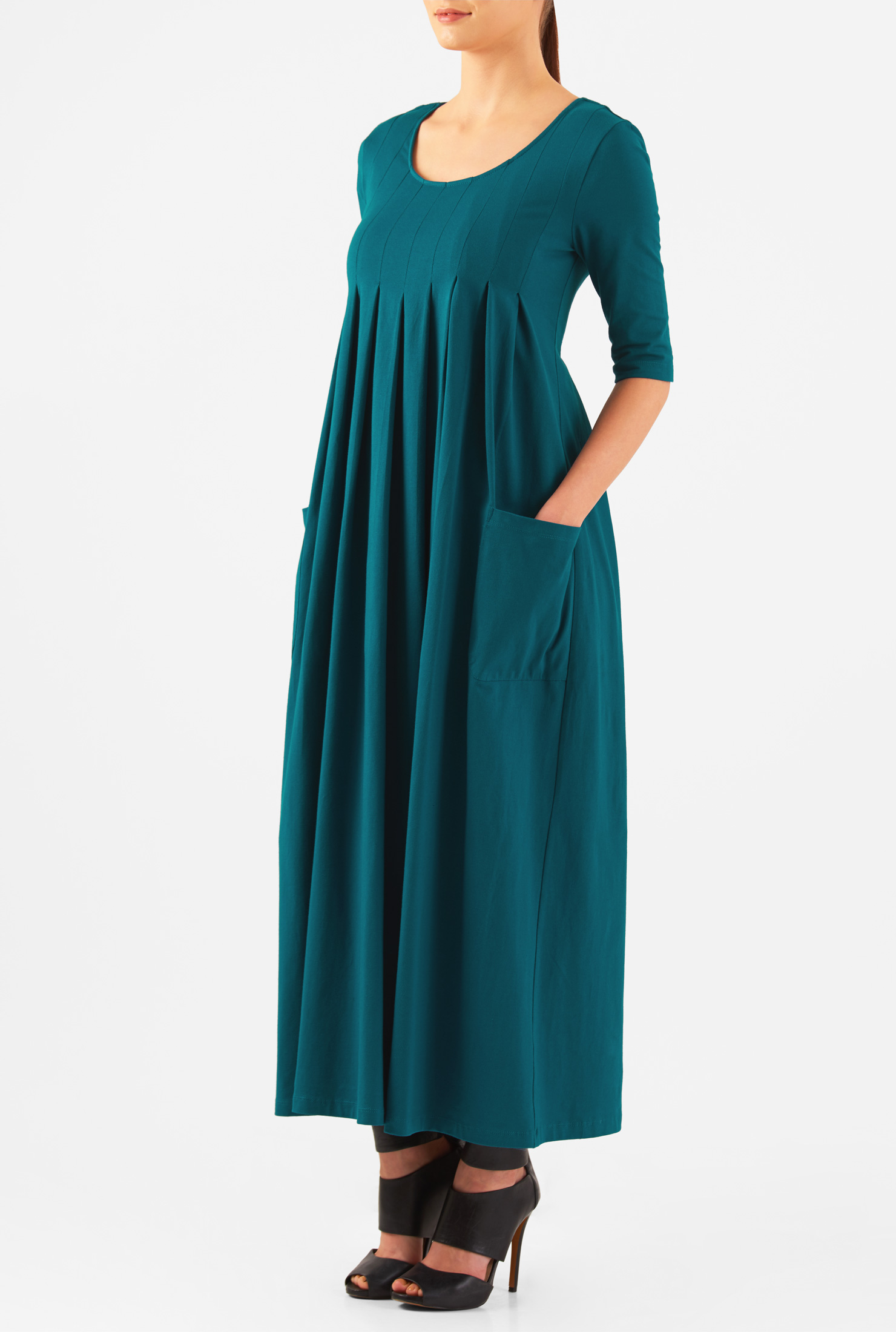 Shop Scoop neck pleated cotton knit maxi dress | eShakti