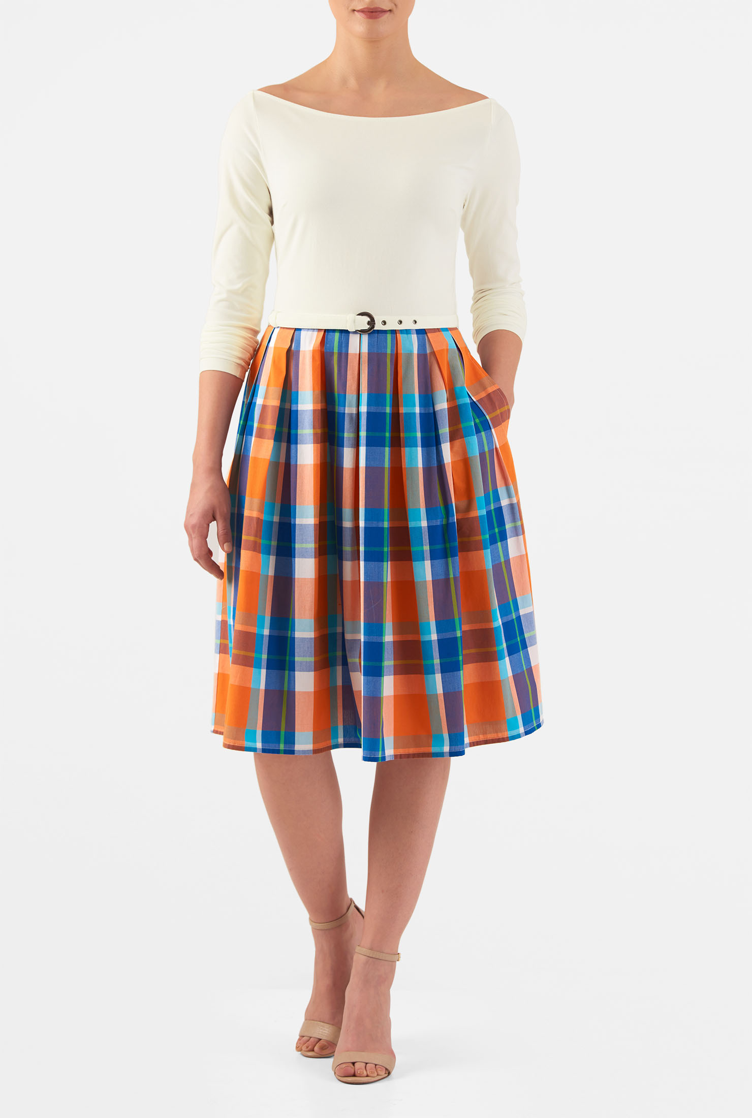 Shop Cotton check mixed media belted dress | eShakti