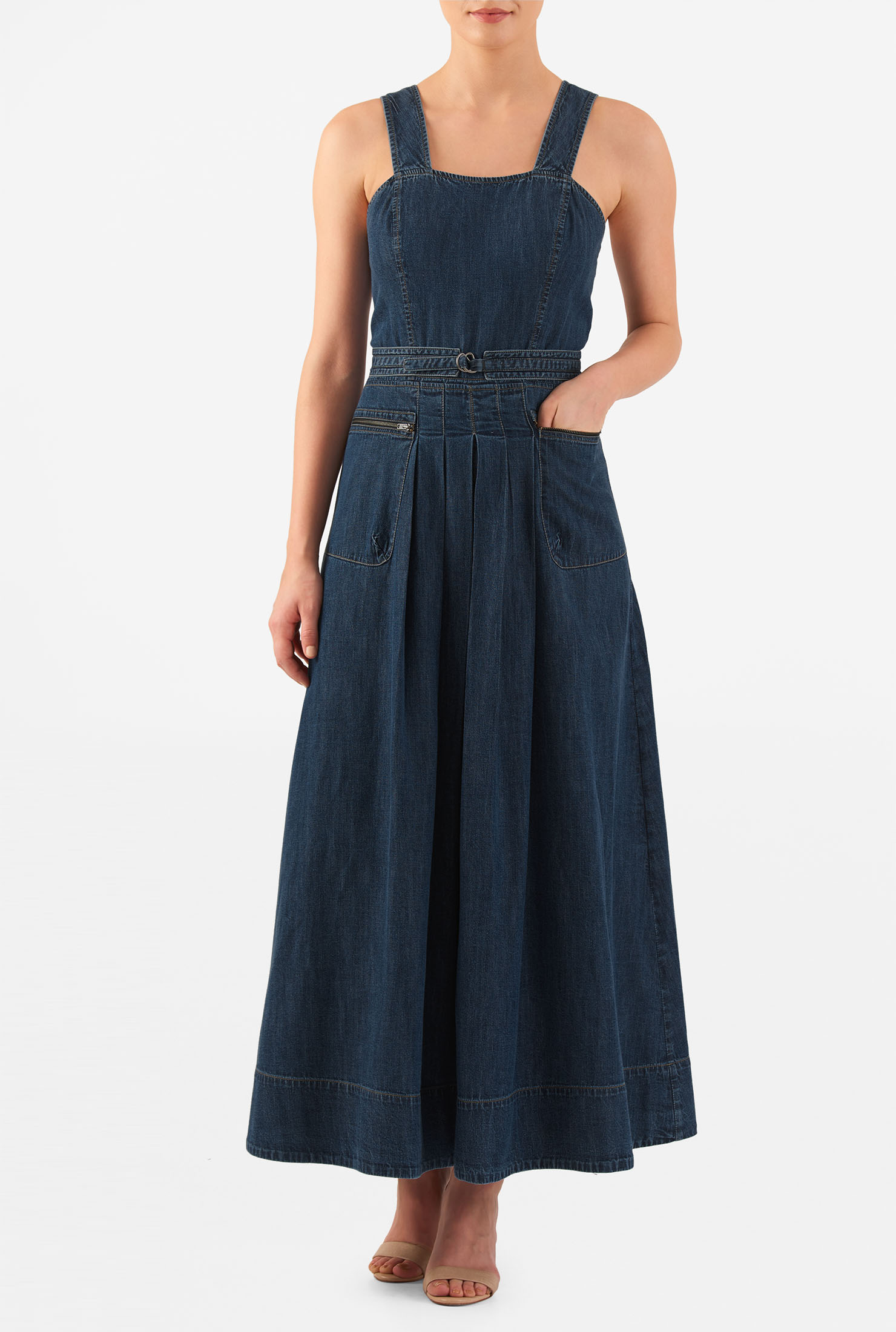 Shop Vintage wash cotton denim belted wrap back dress | eShakti