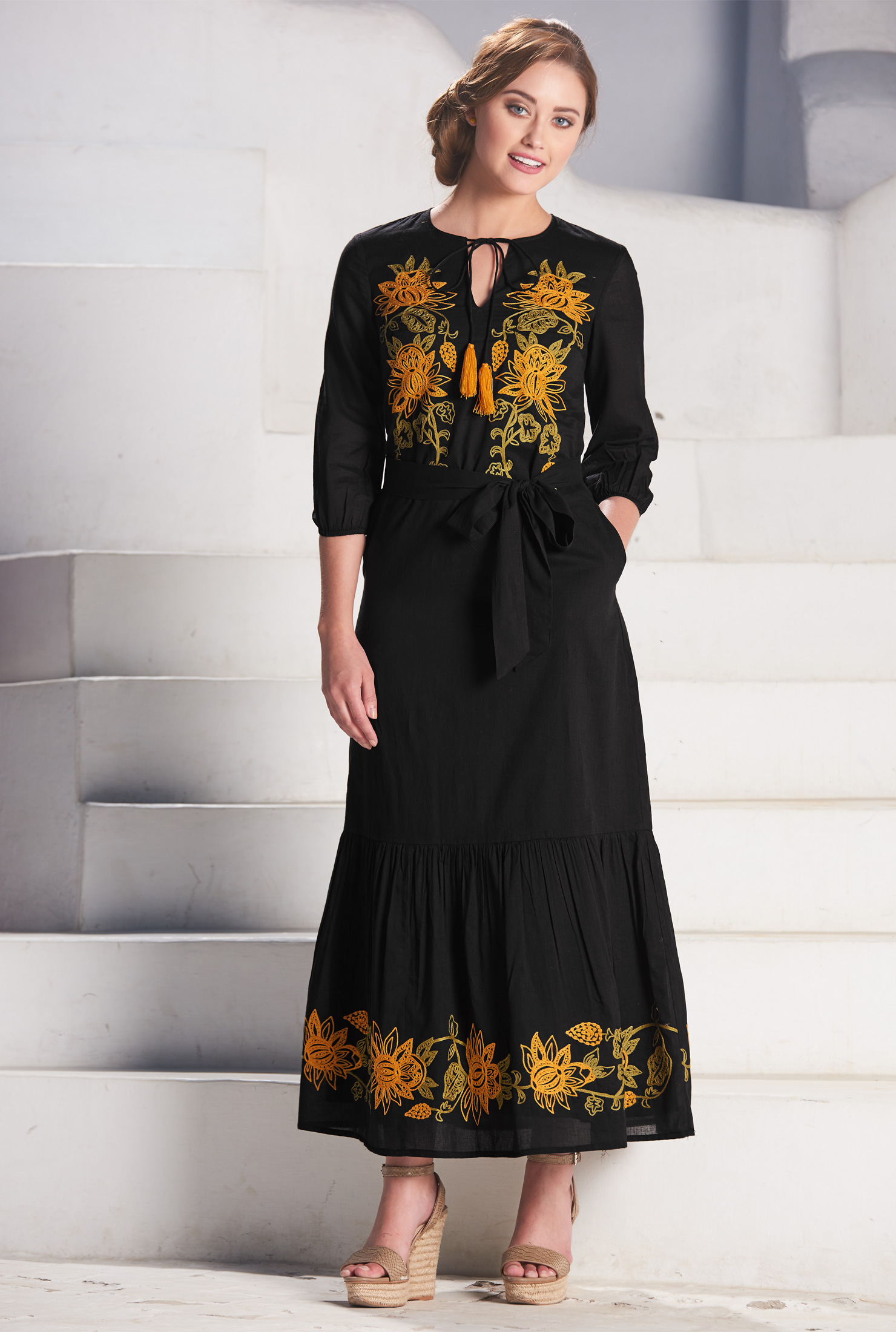 Shop Floral embellished voile maxi shift dress | eShakti