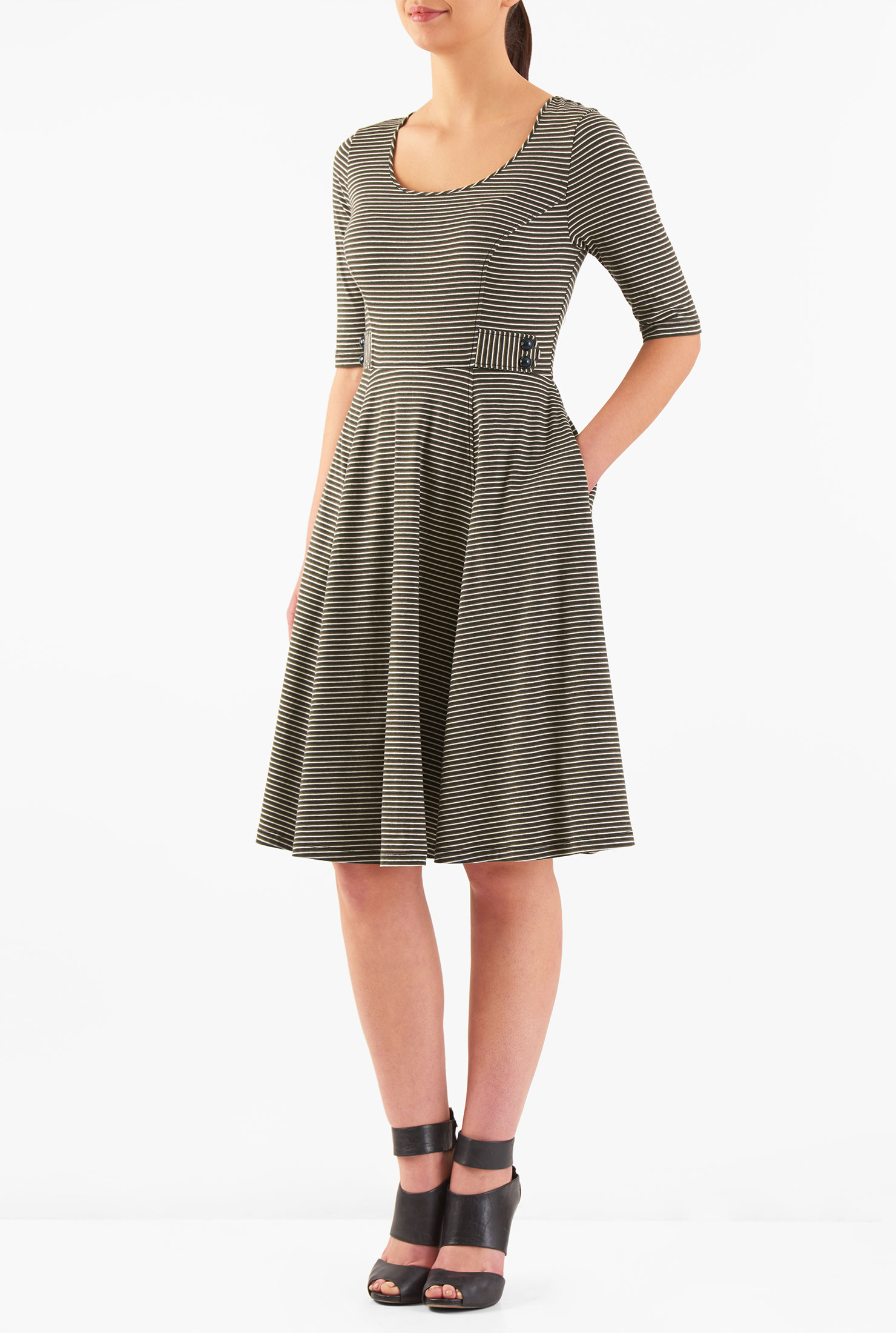 Shop Stripe cotton knit button tab waist dress | eShakti