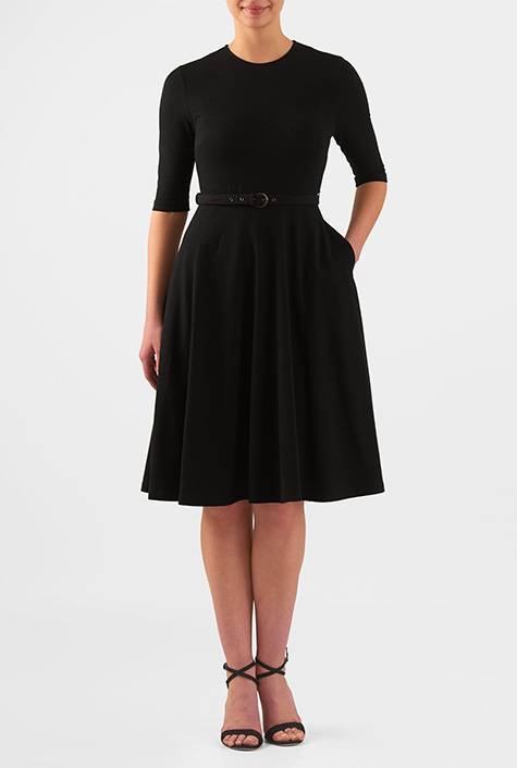 Shop Cotton knit belted fit-and-flare dress | eShakti