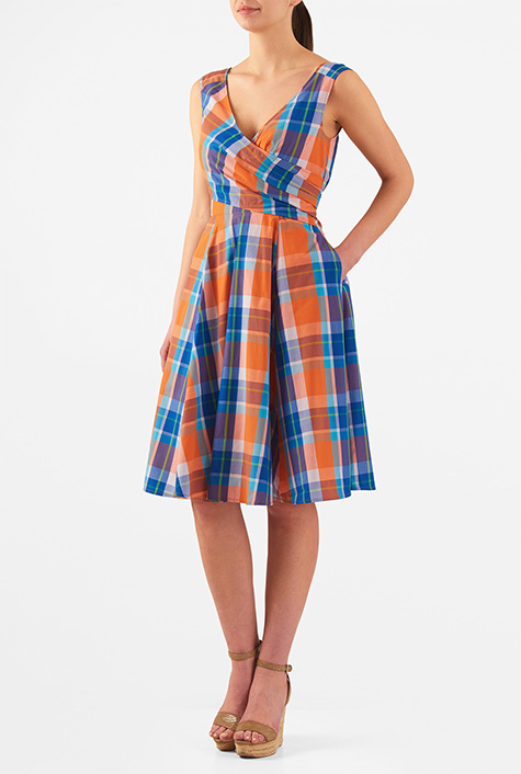 Shop Pleated surplice cotton check dress | eShakti