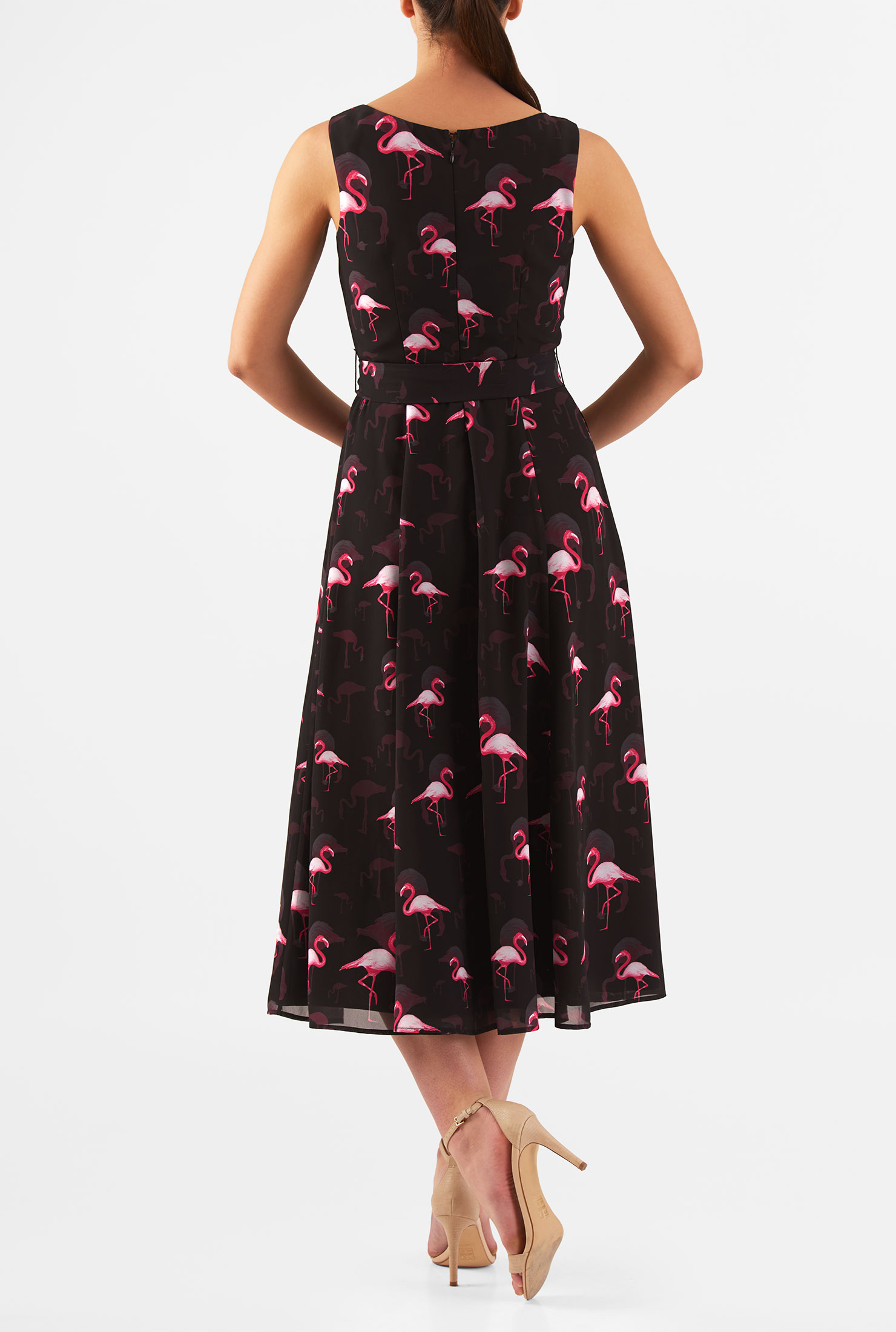 Shop Flamingo print belted georgette dress | eShakti