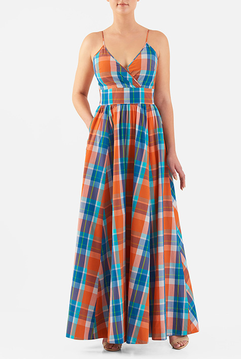 Shop Cotton check surplice maxi dress | eShakti