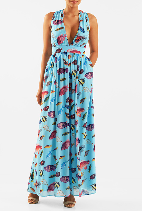 Shop Fish print deep V-neck georgette maxi dress | eShakti