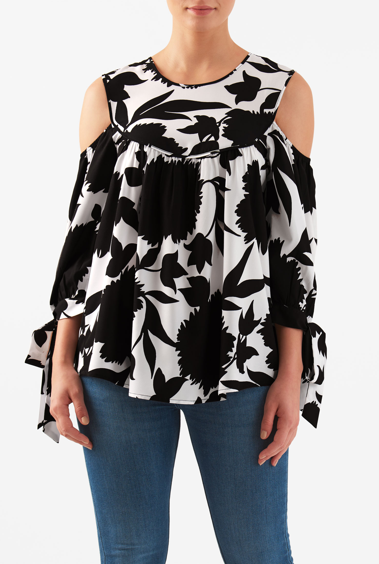 Shop Cold shoulder floral print crepe top | eShakti