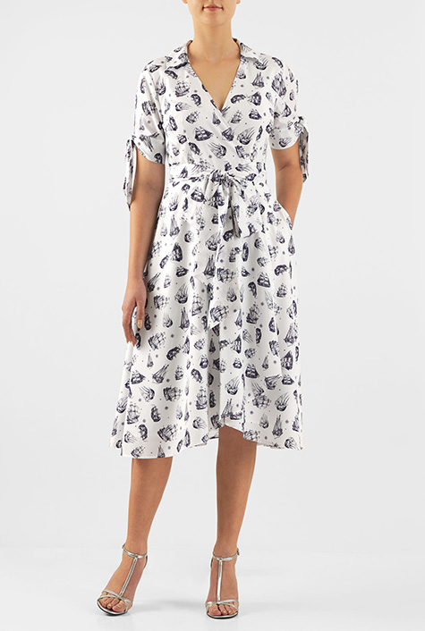 Shop Sailing ship print crepe wrap dress | eShakti