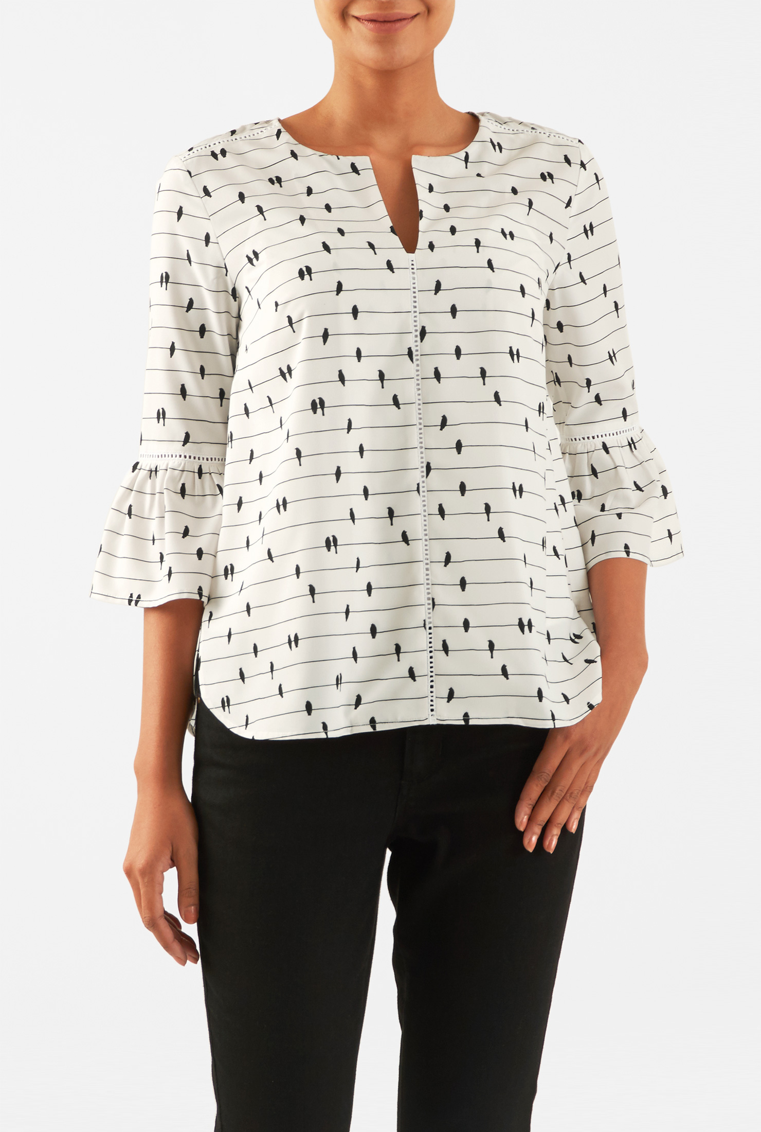 Shop Ruffle sleeve bird print crepe top | eShakti
