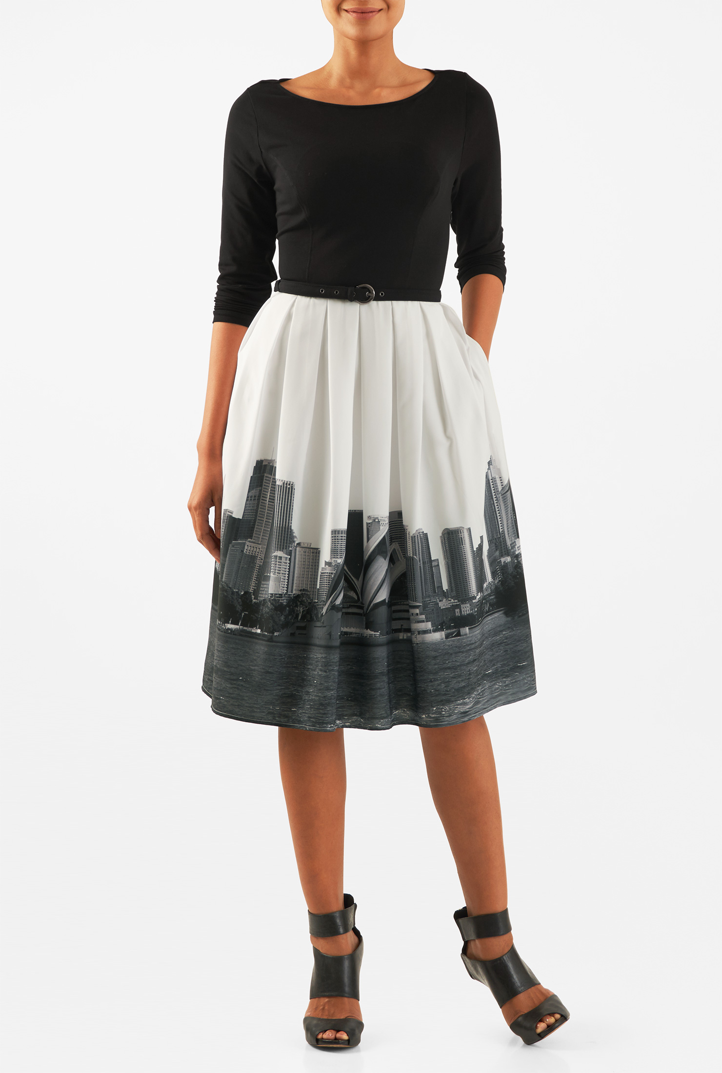 Shop Sydney opera house print belted mixed media dress | eShakti