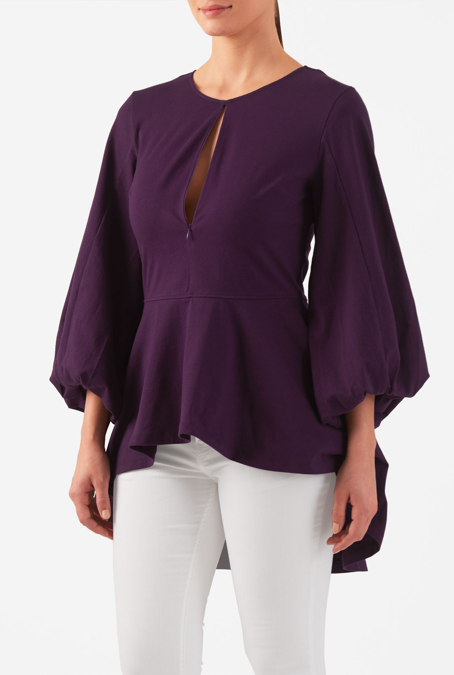 Shop Cotton knit jewel neck high low hem top | eShakti