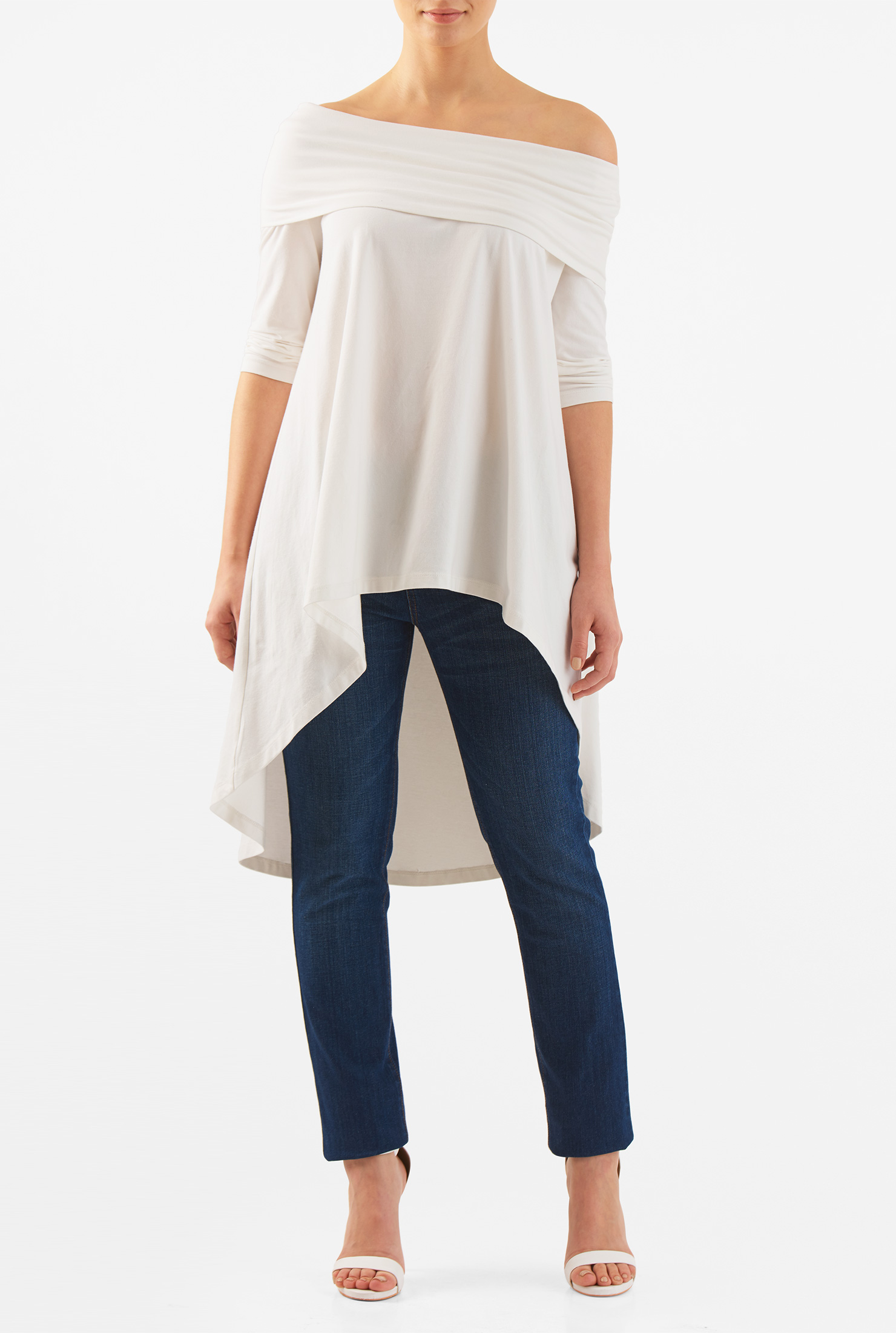 Shop Off-shoulder asymmetric hem cotton knit top | eShakti