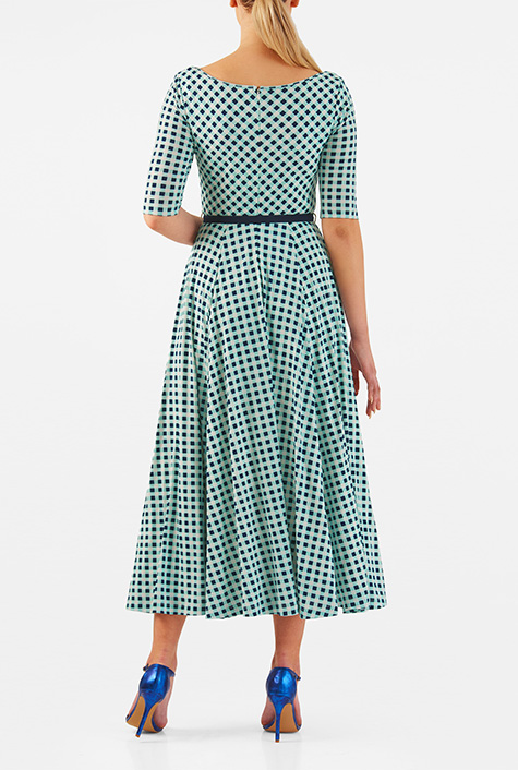 Shop Gingham check print cotton knit belted maxi dress | eShakti