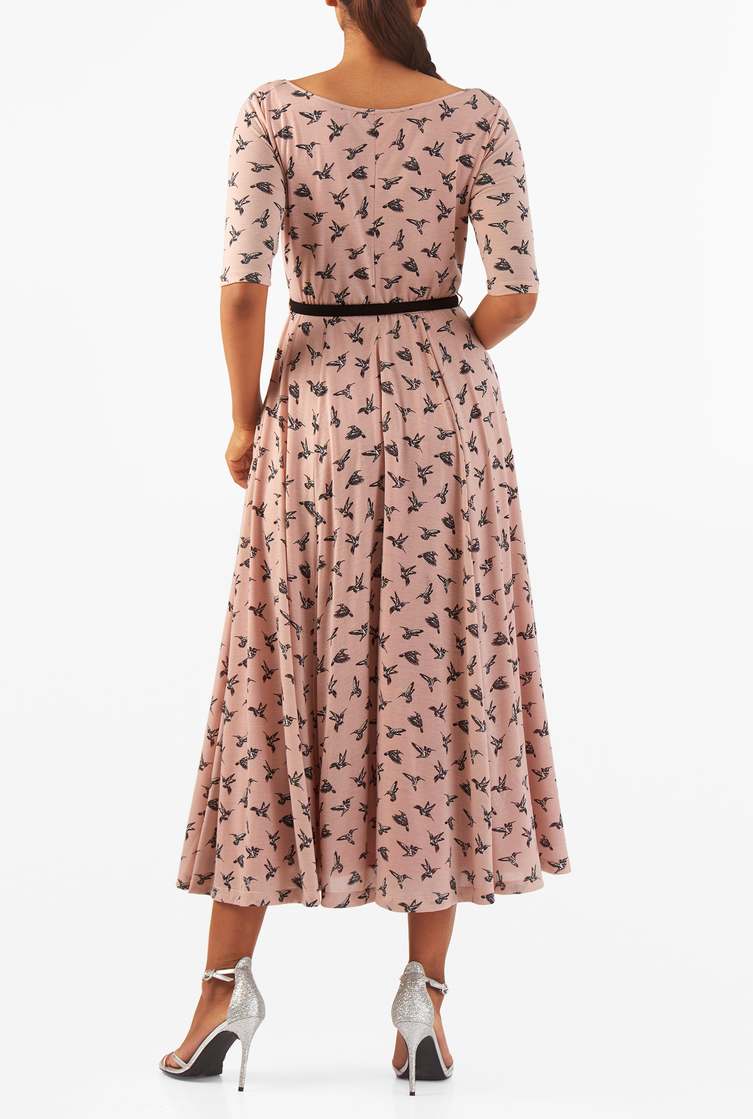 Shop Bird print cotton knit belted maxi dress | eShakti