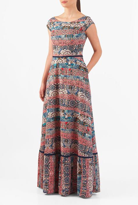 Shop Tile print crepe flounce hem maxi dress | eShakti