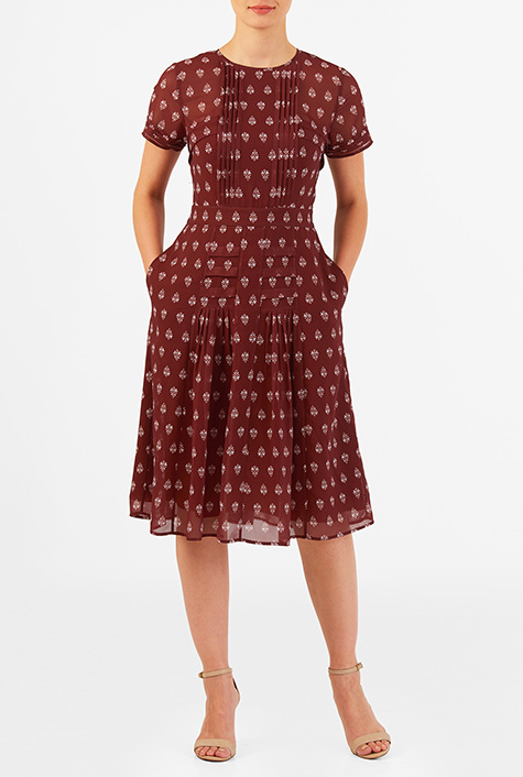 Shop Pleated tile print georgette A-line dress | eShakti