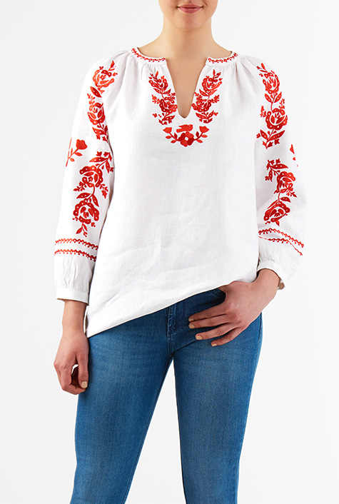 Shop Floral embellished split neck linen tunic | eShakti