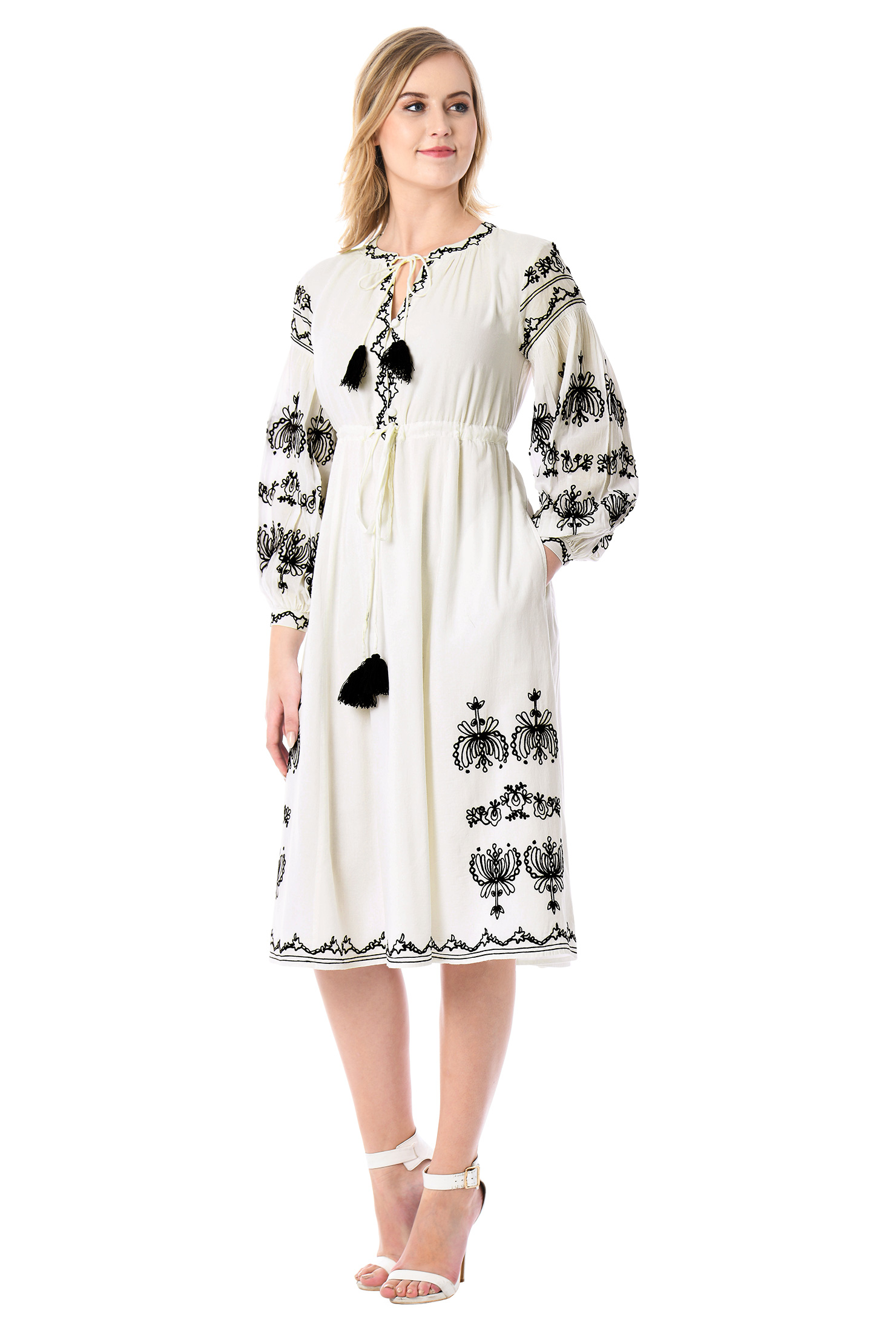 Shop Embellished blouson sleeve cotton voile dress | eShakti