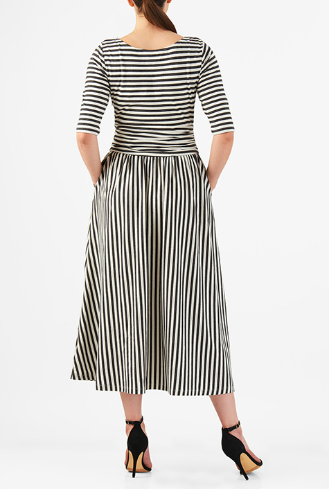 Shop Ruched waist stripe cotton knit midi dress | eShakti