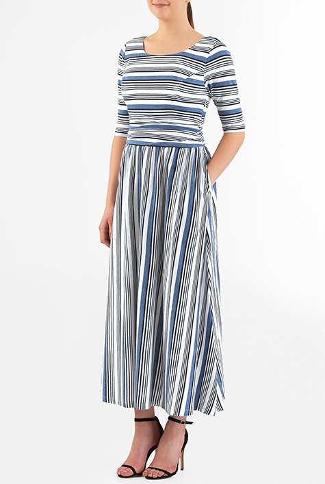 Shop Ruched waist stripe cotton knit midi dress | eShakti