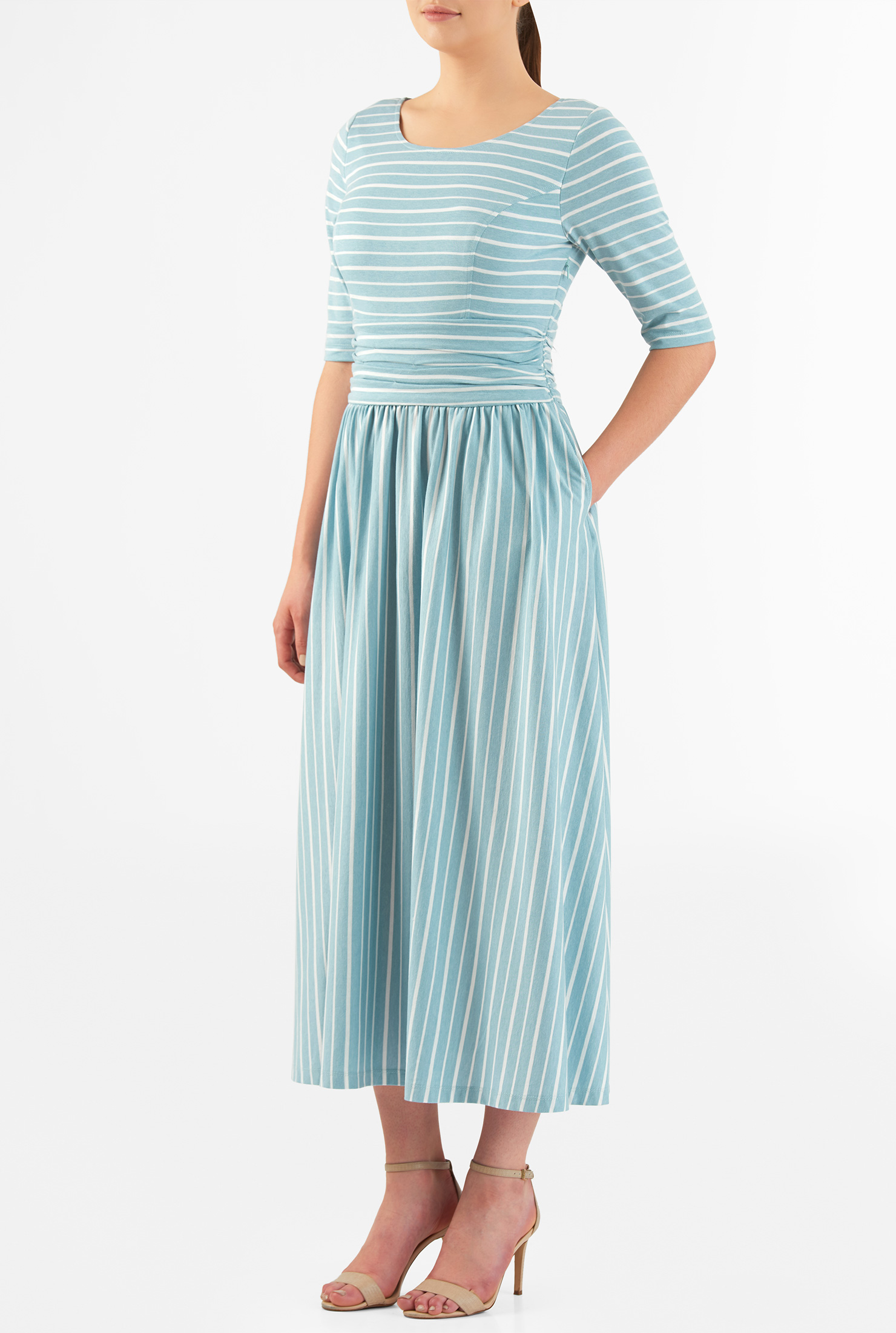 Shop Ruched waist stripe cotton knit midi dress | eShakti
