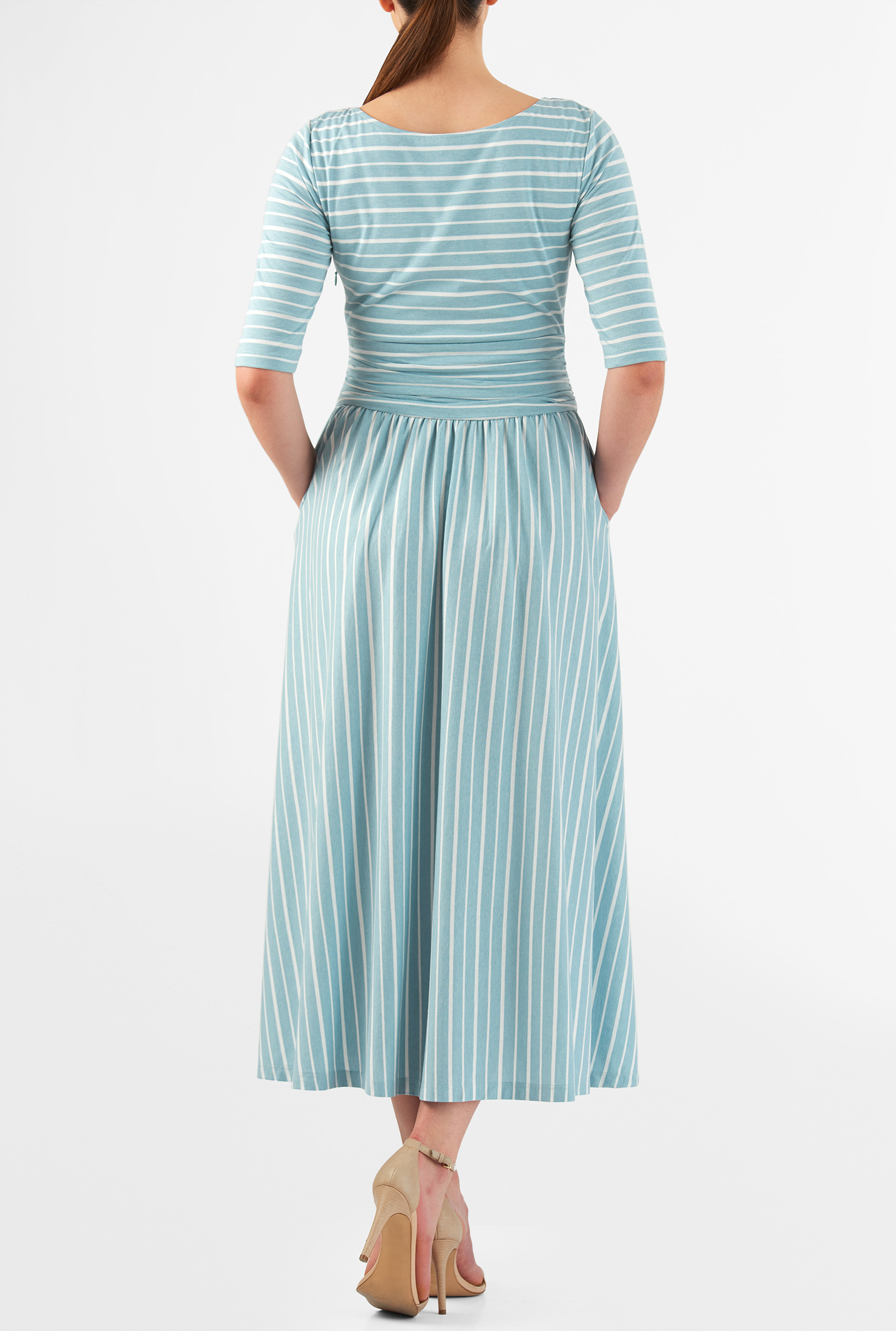 Shop Ruched waist stripe cotton knit midi dress | eShakti