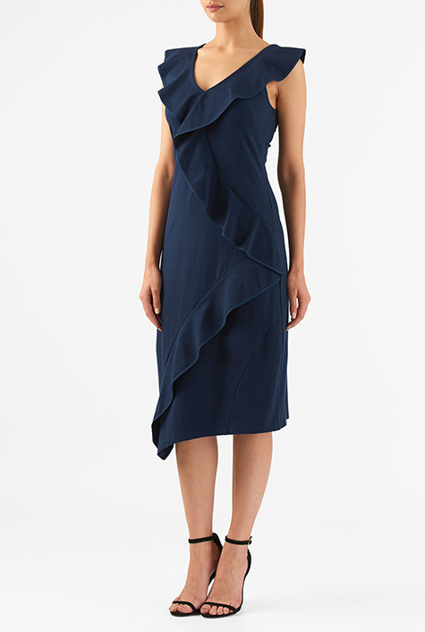 Shop Ruffle asymmetric hem cotton knit sheath dress | eShakti