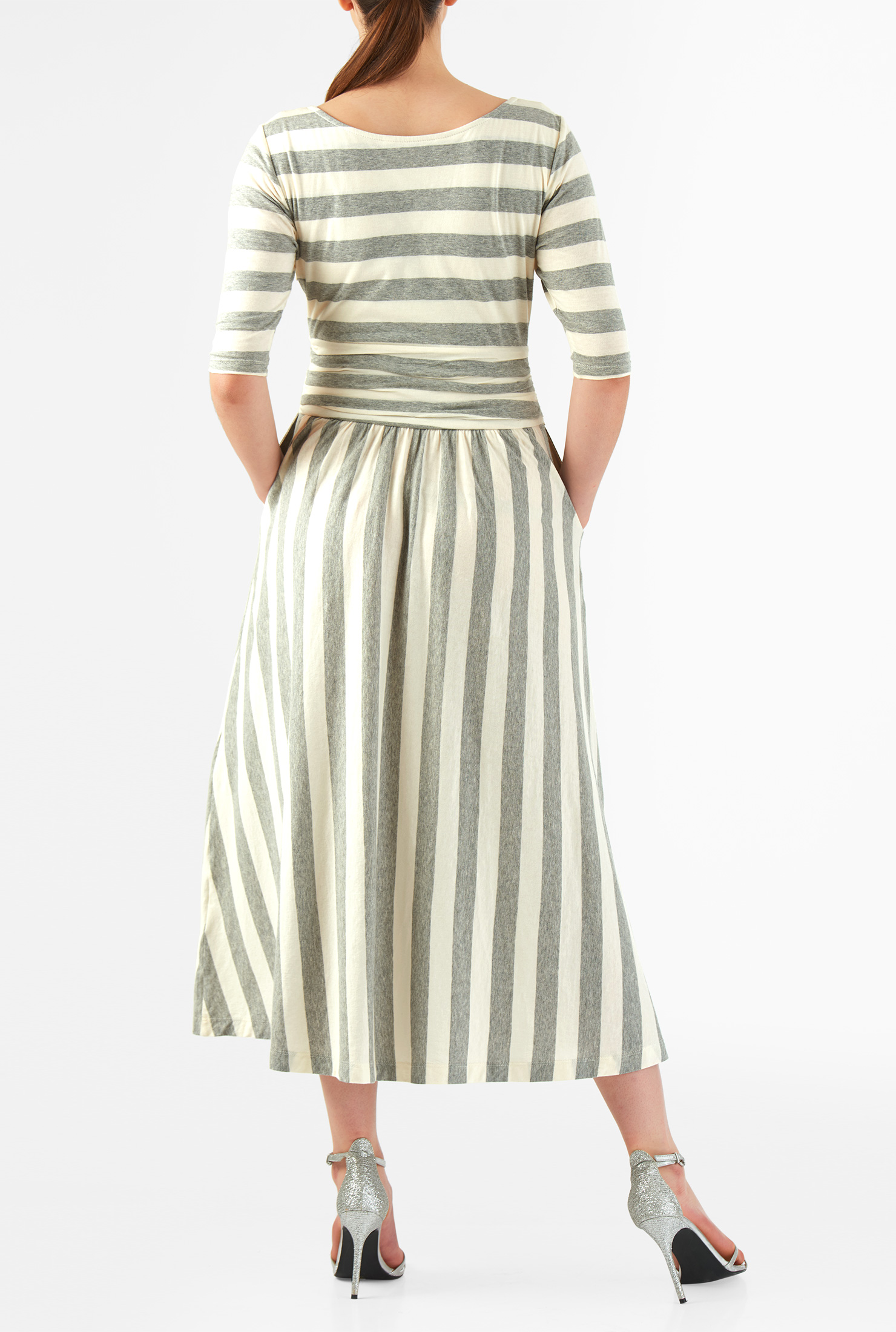 Shop Ruched waist stripe cotton knit midi dress | eShakti