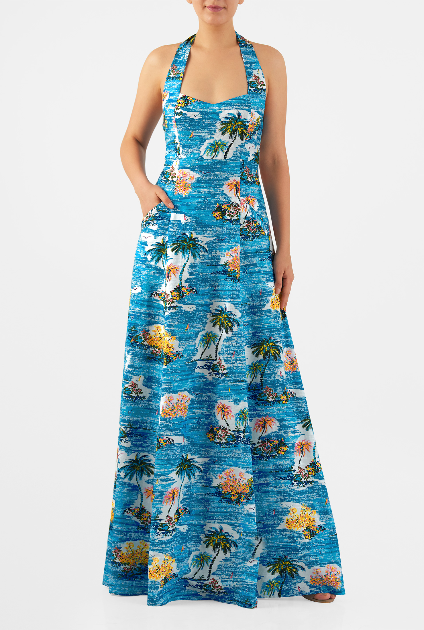 Shop Island print cotton flax halter sundress | eShakti