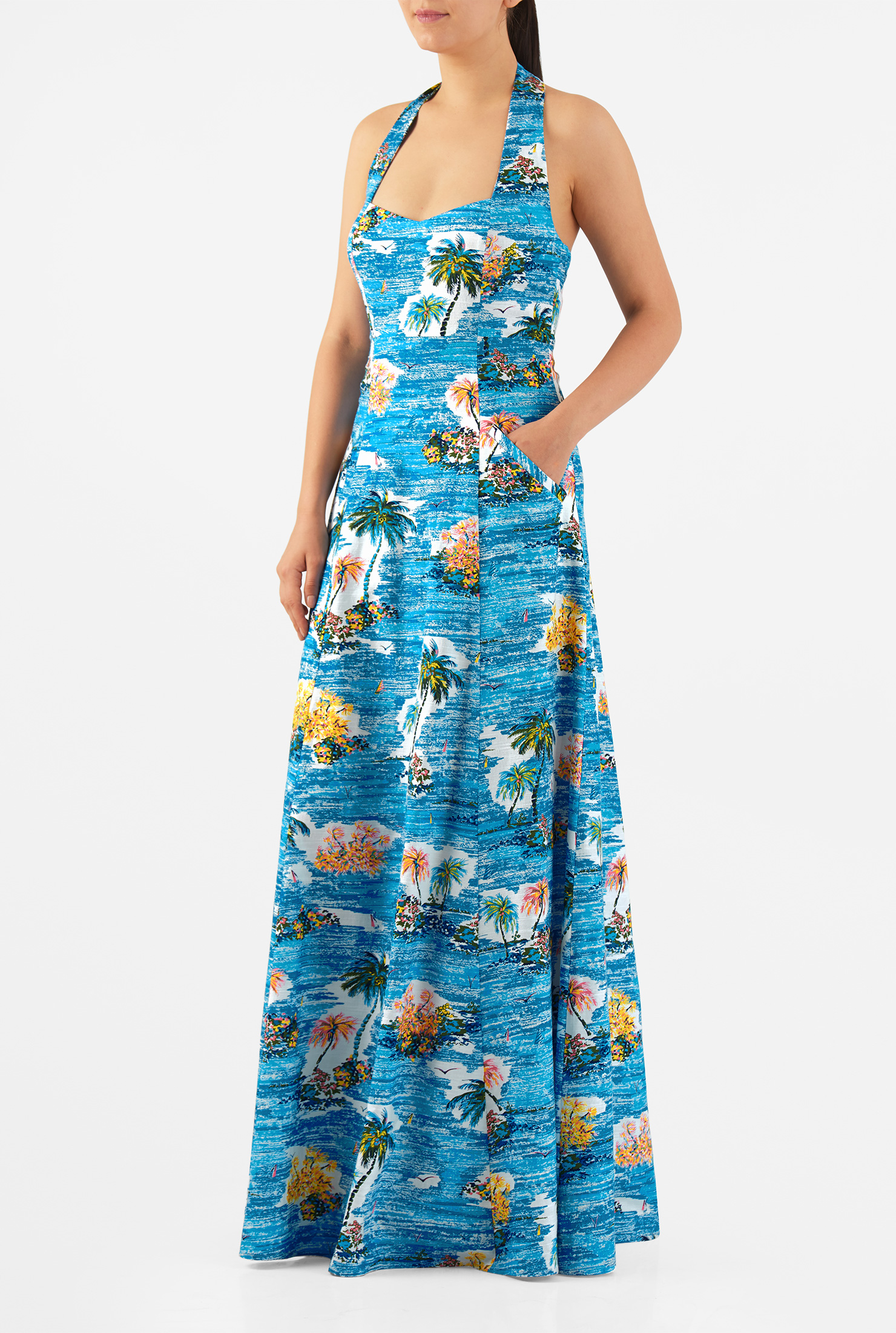 Shop Island print cotton flax halter sundress | eShakti