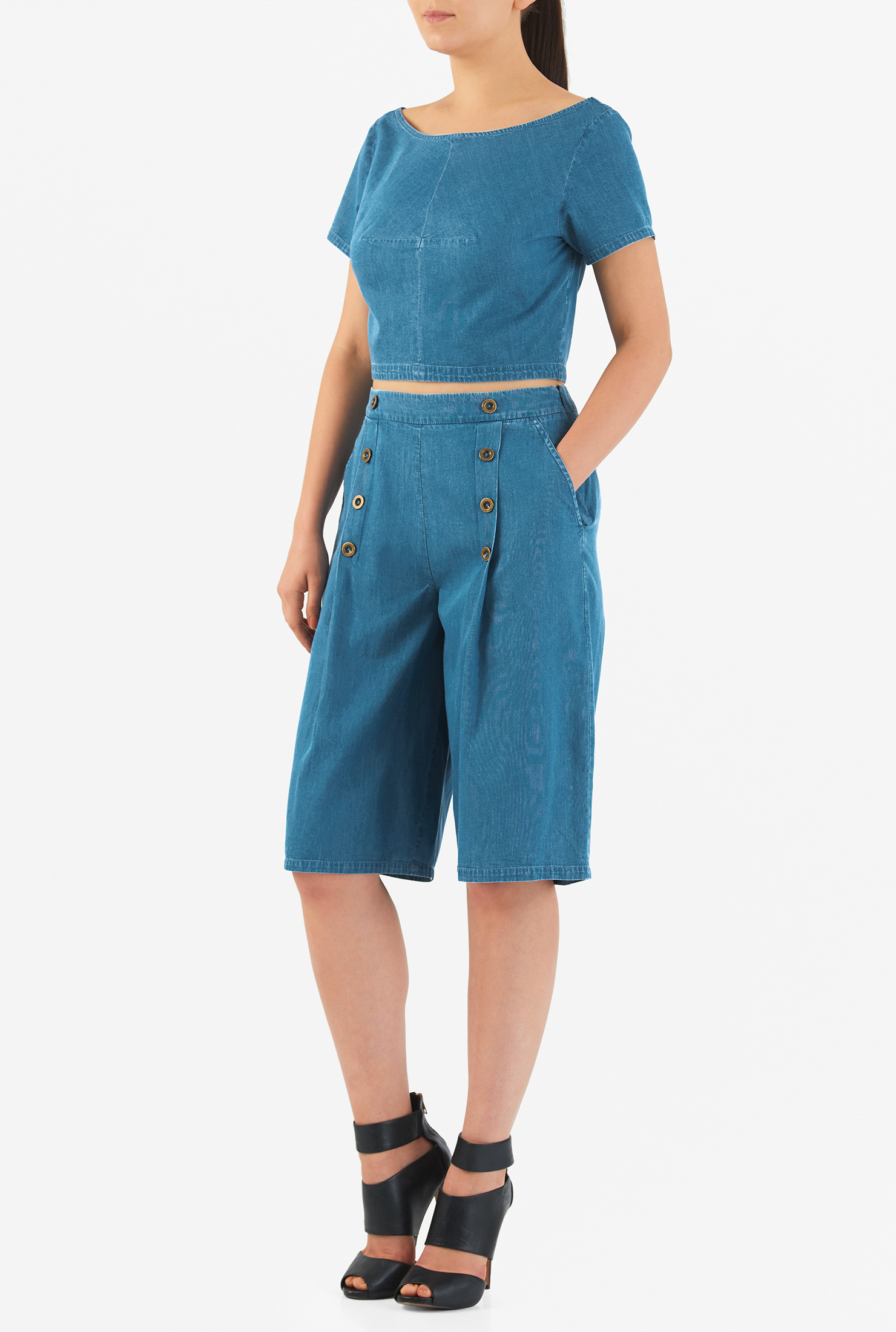 Shop Chambray denim tank top and button pleat shorts | eShakti